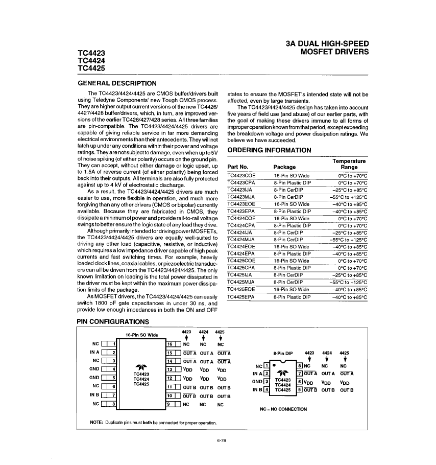 TC4424CPA,TC4424CPA pdf中文资料,TC4424CPA引脚图,TC4424CPA电路-Datasheet-电子工程世界