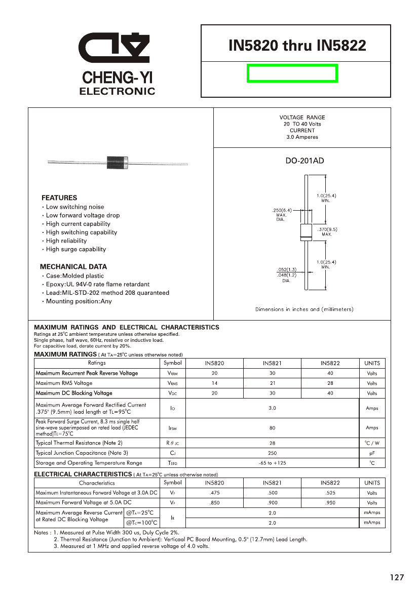 IN5822,IN5822 pdf中文资料,IN5822引脚图,IN5822电路-Datasheet-电子工程世界