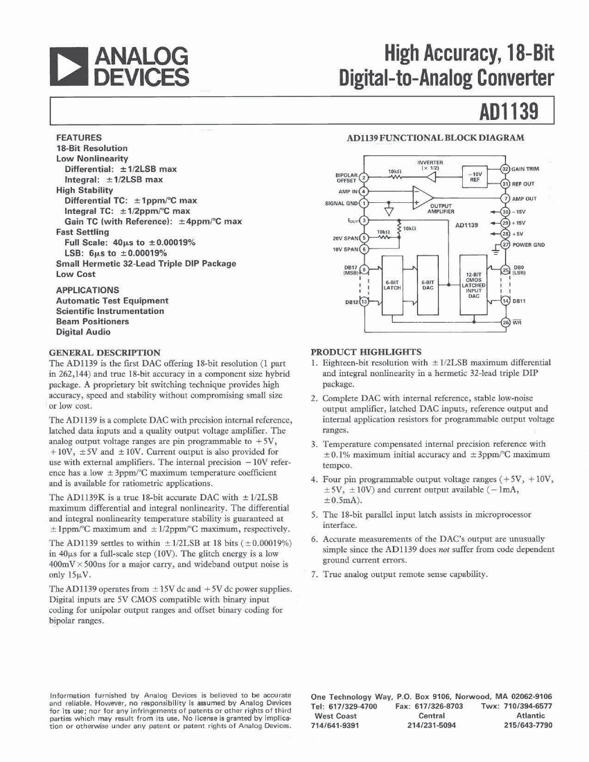 AD1139,AD1139 pdf中文资料,AD1139引脚图,AD1139电路-Datasheet-电子工程世界