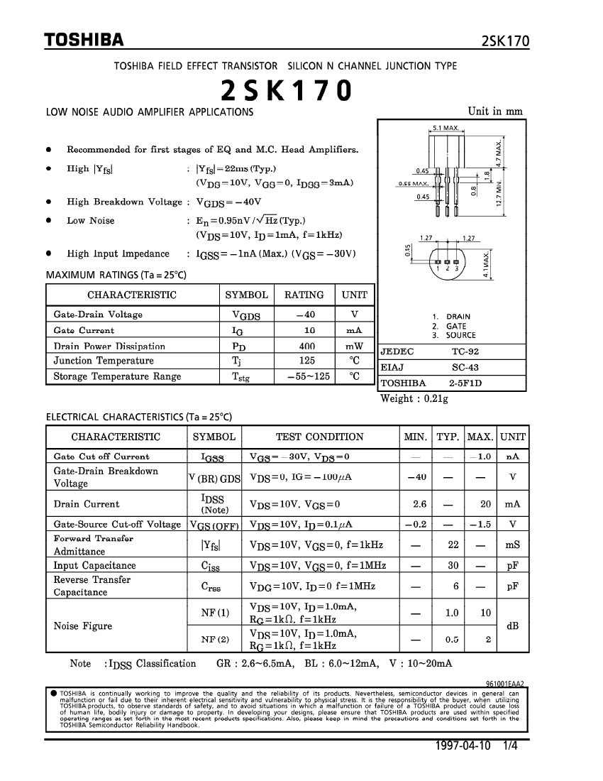 2SK170,2SK170 pdf中文资料,2SK170引脚图,2SK170电路-Datasheet-电子工程世界